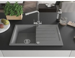 Mexen Bruno, 1-komorový granitový dřez s odkapávačem 795x495x200 mm a chromová baterie Duero, šedá, 6513-71-671600-00
