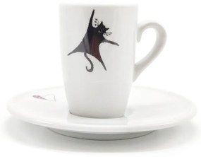 Porcelánový espresso šálek Visící kočka s podšálkem, 130 ml – černobílý, s růžovými srdíčky