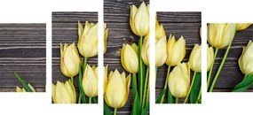 5-dílný obraz okouzlující žluté tulipány na dřevěném podkladu - 100x50 cm