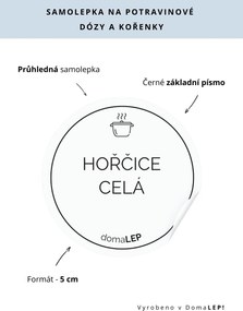 Samolepka na kořenky HOŘČICE CELÁ průhledná  5 × 5 cm základní písmo