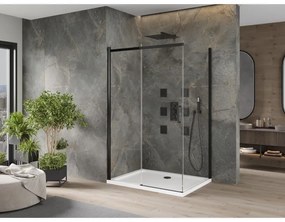 Mexen Omega rozsouvací sprchový kout 110 x 80 cm, Průhledné, Černá + sprchová vanička Flat, Bílá - 825-110-080-70-00-4010B