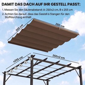Náhradní střecha pro pergolu 3 x 3 m, zatahovací, s otvory pro odvod dešťové vody, odolná proti povětrnostním vlivům, polyester, 250 x 255 cm Káva