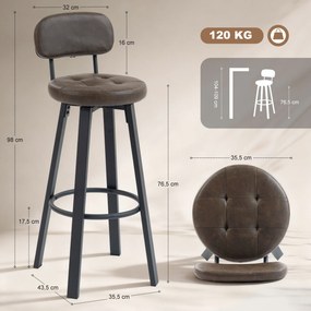 HOMCOM Sada 2 vysokých kuchyňských stolků, otočný o 360°, PU potah, s opěradlem, kovový rám, opěrka nohou, tmavě hnědá