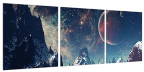 Obraz horské krajiny s planetami (90x30 cm)