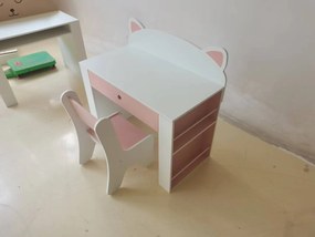 AIYAPLAY dětský stůl se židlí 2dílná dětská sezení s knihovnou a zásuvkou, design liška pro děti 3-8 let, bílo+růžové