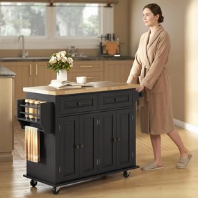 HOMCOM kuchyňský ostrov na kolečkách, kuchyňský příborník s policí na koření a boční lištou, 111 x 44,5 x 82,5 cm, černý