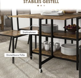 HOMCOM Rozkladací Skládací Jídelní Stůl Obdélníkový Mobilní Kuchyňský Stůl pro 2-6 Osob se 2 Otevřenými Policemi 140cm x 80cm x 75cm Rustikálně Hnědý