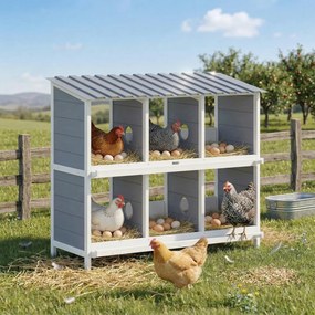 PawHut Hnízdo pro kuřata, vyvýšené dřevěné hnízdo pro kuřata se 6 přihrádkami, 2 bidýlka pro kurník pro malá zvířata 102 x 50 x 91 cm, šedá barva