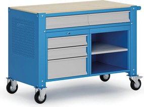 Pojízdný dílenský stůl G9, 1 police, 5 zásuvek, 1180 x 595 x 865-1130 mm, šedá/modrá