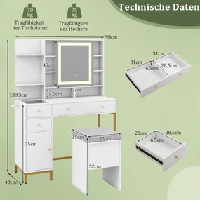 Costway Toaletní stolek s osvětleným zrcadlem Sada toaletního a taburetky 3