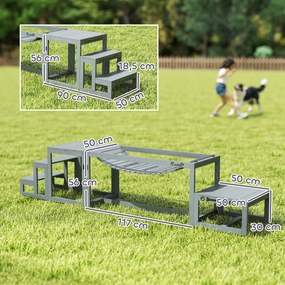 Agility set pro psy 3dílná sada agility vybavení s mostem, schůdky, plošinou, jedlové dřevo, 117 x 50 x 56 cm, šedá barva