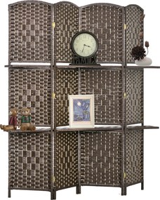 HOMCOM Paravan 4 Panely 160 x 170 cm s 2 Policemi, Skládací, Borovicové Dřevo pro Kancelář, Obývací Pokoj, Ložnici, Hnědý