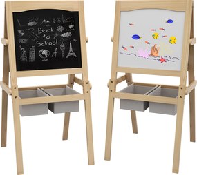 Dětský easel AIYAPLAY 3 v 1 s oboustrannou tabulí, dřevěný easel pro kreslení s papírovým válcem a 2 košíky 58x50,5x109 cm přírodní