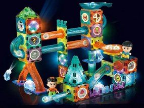 LEAN Toys Svítící skluzavka na kuličky, magnetické kostky v krabici, 150 dílů