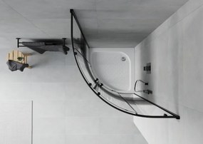 Mexen Rio, čtvrtkruhový sprchový kout s posuvnými dveřmi 90 (dveře) x 90 (dveře) x 190 cm, 5mm čiré sklo s pásky, černý profil + Rio sprchová vanička bílá, 863-090-090-70-20-4710