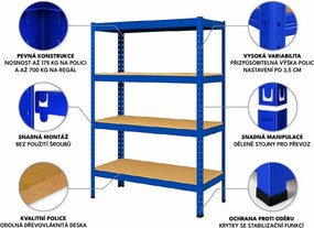 Regál 150x70x30 cm lakovaný 4-policový, nosnost 70 kg - modrý