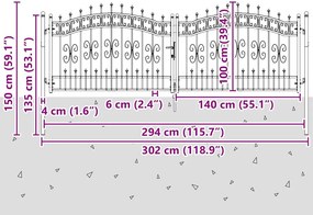 Plotová branka KAMPEN s kopím nahoře černá 302 x 100 cm ocel 151095