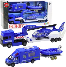 LEAN Toys Souprava: Policejní auto, záchranné vozidlo, loď, nákladní auto, vrtulník – modrá