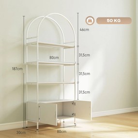 HOMCOM obloukový regál se 4 patry a dvířkovou skříňkou, 80 × 30 × 187 cm, bílá