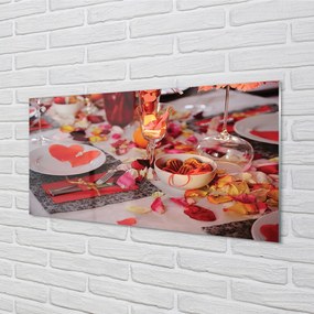 akrylový obraz Srdce okvětní lístky růží večeře brýle 100x50 cm