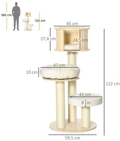 PawHut škrabadlo pro kočky s jeskyní 122 cm vysoké, tři úrovně, dřevo, sisalové sloupky, míčky na hraní pro aktivní kočky | Aosom.de