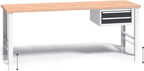 Výškově nastavitelný pracovní stůl do dílny G3 se závěsným boxem na nářadí, buková spárovka, 2 zásuvky, 2000 x 685 x 840 - 1050 mm, grafit