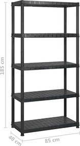 Úložný regál 5patrový černý 255 x 40 x 185 cm plast 3059857