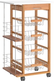 HOMCOM Kuchyňský vozík na kolečkách, Víceúčelový vozík s šuplíkem, 4 odnímatelné kovové koše a boční regály, 47x37x83 cm, Přirozené dřevo | Aosom