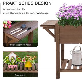 Vyvýšený záhonový truhlík Outsunny 123x54x74cm s 8 rošty a skládací policí z masivního dřeva v hnědé barvě pro zahradu a terasu | Aosom.de