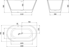 Mexen Luna, volně stojící vana 150 x 75 cm, bílá-černá, broušený grafit přepad, 52031507575-95