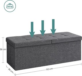 Puf, skládací úložná lavice otoman, sedací lavice, 120l, tmavě šedý, 110 x 38 x 38 cm