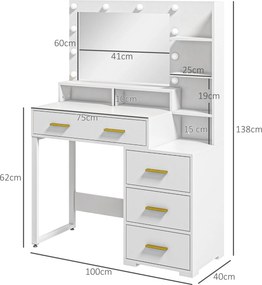 HOMCOM toaletní stolek se zrcadlem a 9 LED světly, 4 zásuvky a 6 otevřených přihrádek, 100 x 40 x 138 cm, bílý