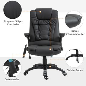 HOMCOM Kancelářské křeslo Manažerské křeslo s 6bodovou vibrační masáží a funkcí vyhřívání, imitace kůže, otočné, 62x68x111-121cm| Aosom