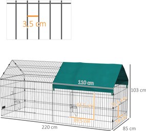 Volný výběh PawHut 220 x 85 x 103 cm pro malá zvířata, s krytem a 4 dvířky, ideální výběh pro morčata z oceli v zelené barvě