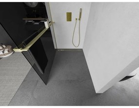Mexen Kioto+, sprchová zástěna Walk-In s poličkou a věšákem 90 x 200 cm, 8mm šedé sklo, zlatý matný profil, 800-090-121-55-40