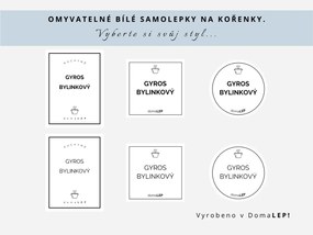 GYROS BYLINKOVÝ - omyvatelná samolepka na kořenky, výběr rozměrů Ø 5 cm / 5 x 5 cm / 6 x 8 cm | DomaLEP tvar: OBDÉLNÍK, barva: BÍLÁ - ČERNÉ písmo, velikost: š. 6 cm x v. 8 cm - tučné písmo