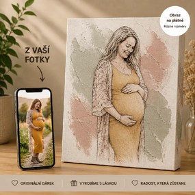 Foto obraz z vlastní fotky na plátno – Těhotenský portrét (Line-art s pastelovými akryly) Rozměry obrazu: 60 x 80 cm