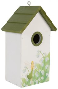 Bílo-zelená dřevěná budka pro ptáčky s konvalinkami a vílou – 15x10x22 cm