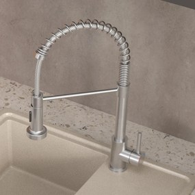 Kuchyňská dřezová baterie QUADRON SALMA NEW s pružinovou hadicí a sprchou v provedení broušená ocel