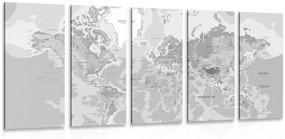 5-dílný obraz klasická mapa světa v černobílém provedení - 200x100 cm