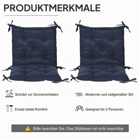 Outsunny sada 2 polštářů na sezení, 98 x 50 cm Polštář na židli s poutky, potah z tkaniny, tloušťka 8 cm Tmavě modrá barva