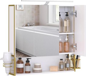 Koupelnová zrcadlová skříňka s osvětlením, bílá-zlatá, 14,5×70×70 cm