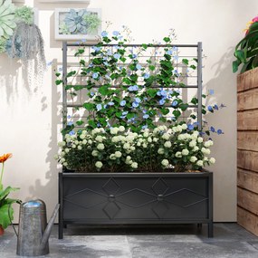 Zvýšený květináč s trellis Outsunny, zahradní vyvýšený záhon, venkovní květinová krabice - diamantový vzor, odtokové otvory, pozinkovaná ocel pro bal…