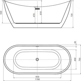 Mexen Lotos, volně stojící vana 170 x 75 cm, bílá/černá, chromový přepad, 52051707775-01
