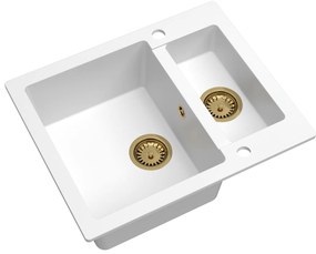 Sink Quality Ferrum, kuchyňský granitový dřez 605x495x210 mm + zlatý sifon, bílá, SKQ-FER.W.5KBO.XG