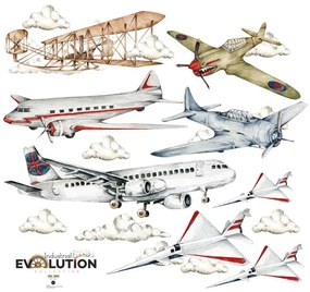 Samolepka do dětského pokoje historie letadel /průmyslová evoluce
