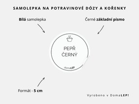 PEPŘ ČERNÝ - omyvatelná samolepka na kořenky, výběr rozměrů Ø 5 cm / 5 x 5 cm / 6 x 8 cm | DomaLEP tvar: KOLEČKO, barva: BÍLÁ - ČERNÉ písmo, velikost: Ø 5 cm - tučné písmo