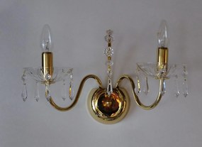 2 Arms tubular brass crystal wall light with cut crystal drops