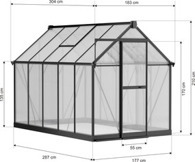 Skleník 210 x 183 x 304 cm, zesílená konstrukce, polykarbonát 6 mm