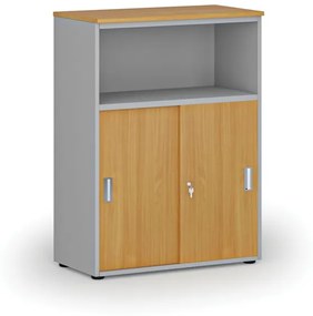 Kombinovaná kancelářská skříň se zásuvnými dveřmi PRIMO GRAY, 1087 x 800 x 420 mm, šedá/buk
